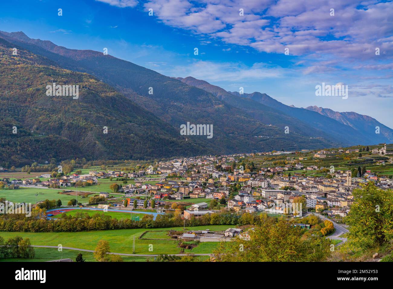 Aerial view of the valley from Chiuro, Valtellina Italy, background the ...