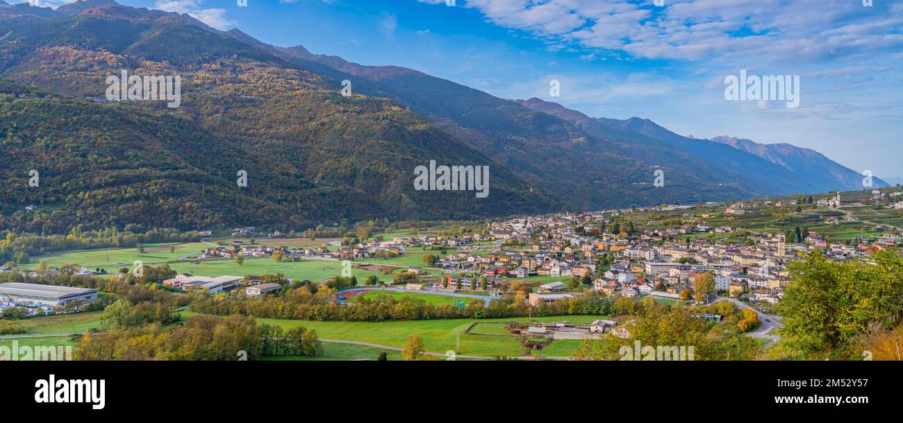 Aerial view of the valley from Chiuro, Valtellina Italy, background the ...