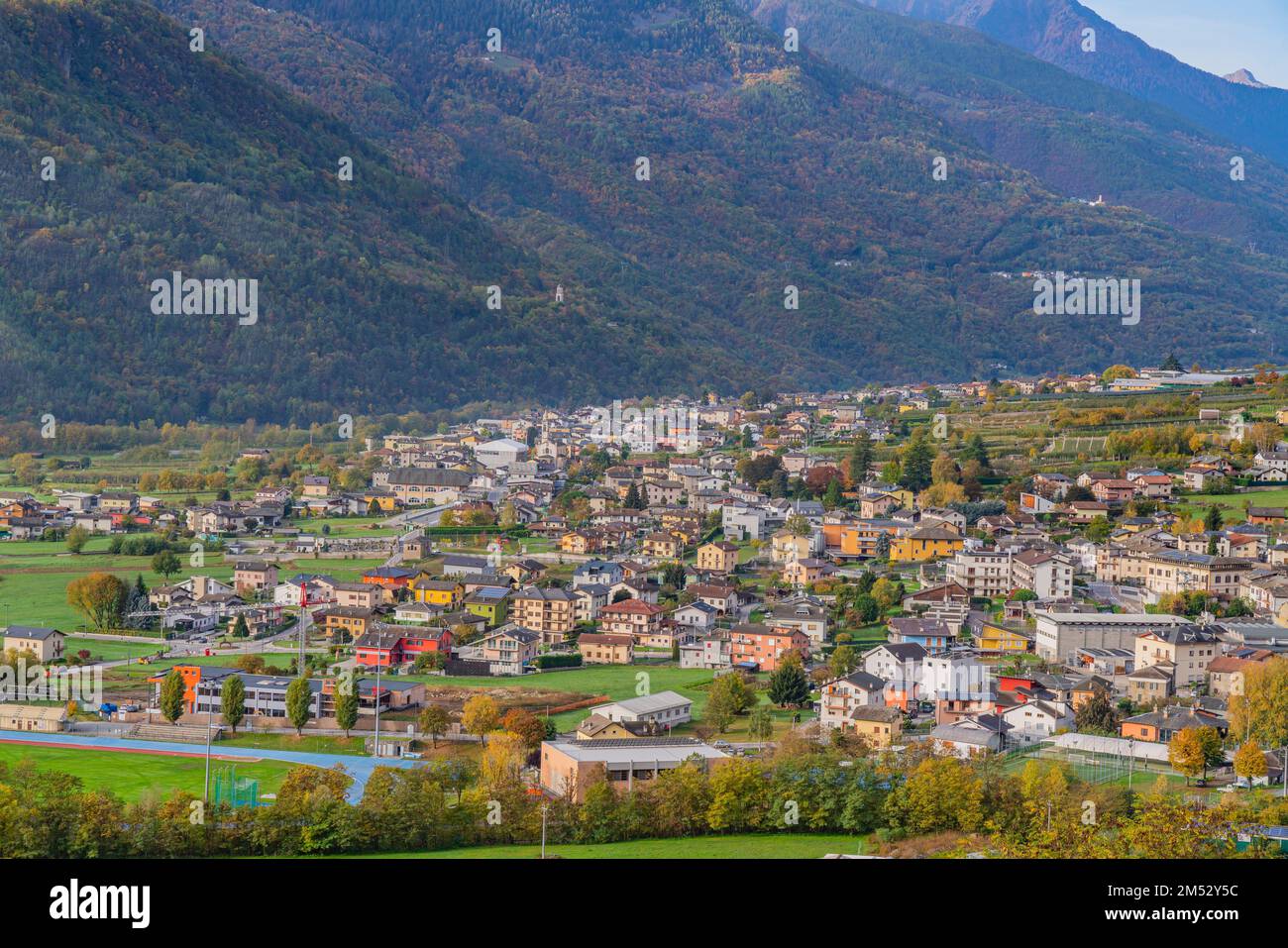 Aerial view of the valley from Chiuro, Valtellina Italy, background the ...