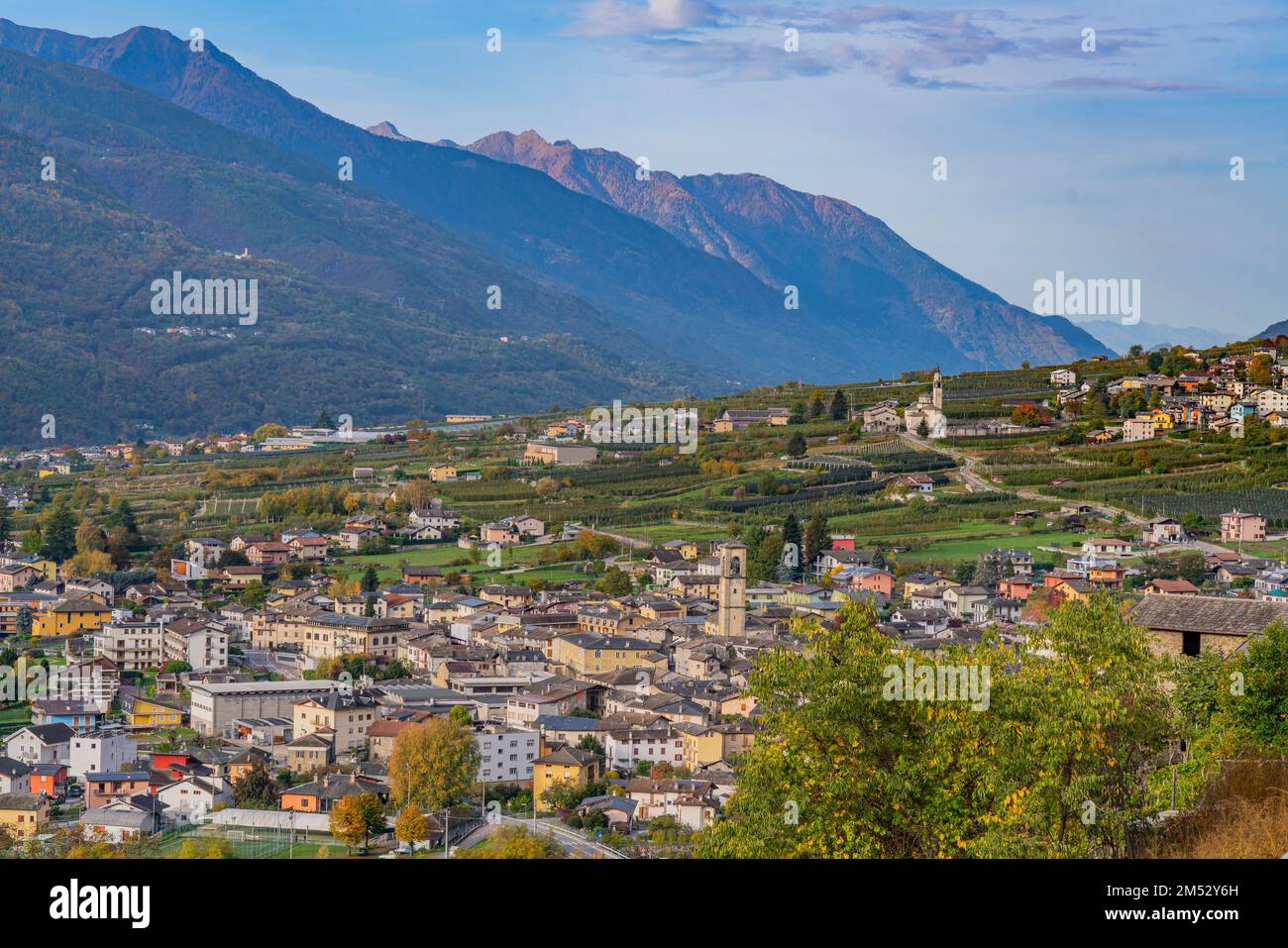 Aerial view of the valley from Chiuro, Valtellina Italy, background the ...
