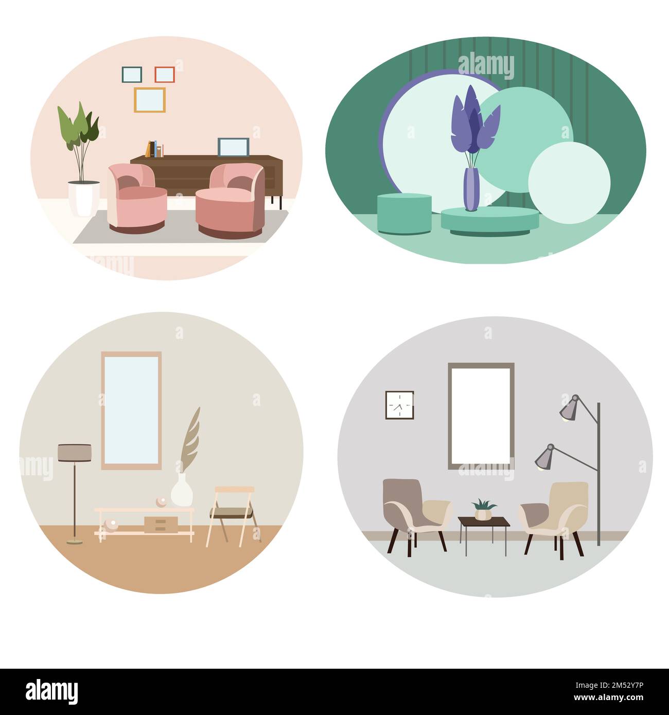 Set of interior design house rooms with furniture, vector illustration ...