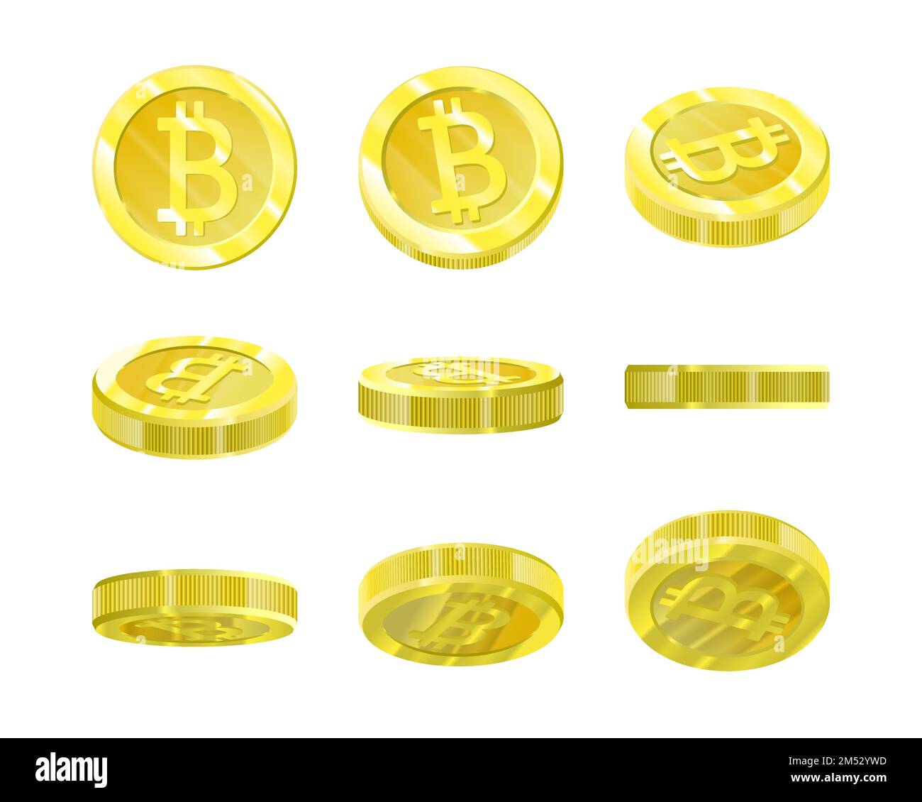Bitcoins, gold 3d coin from different angles for animation of isolation ...