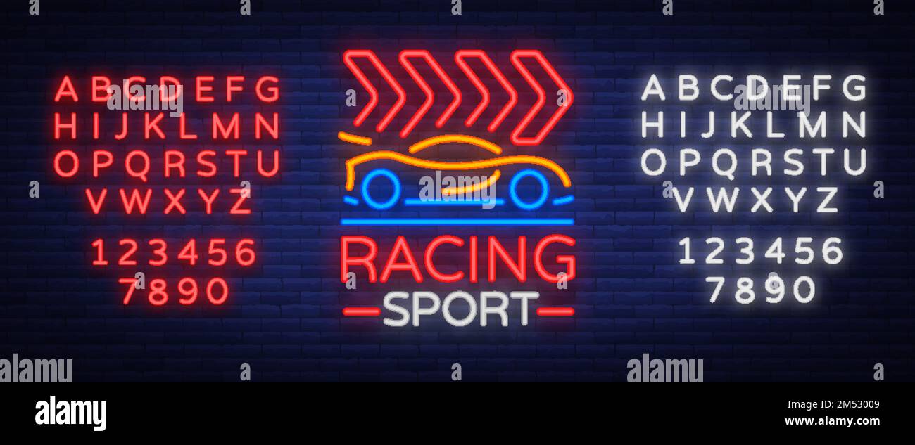 Racing Sports neon logo emblem pattern. A glowing sign on the theme of ...