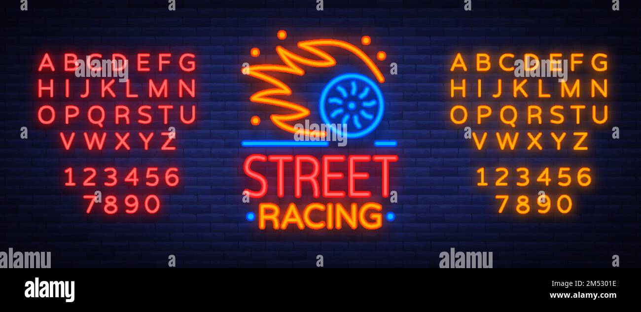 Street racing logo emblem template vector logo in neon style. A glowing ...