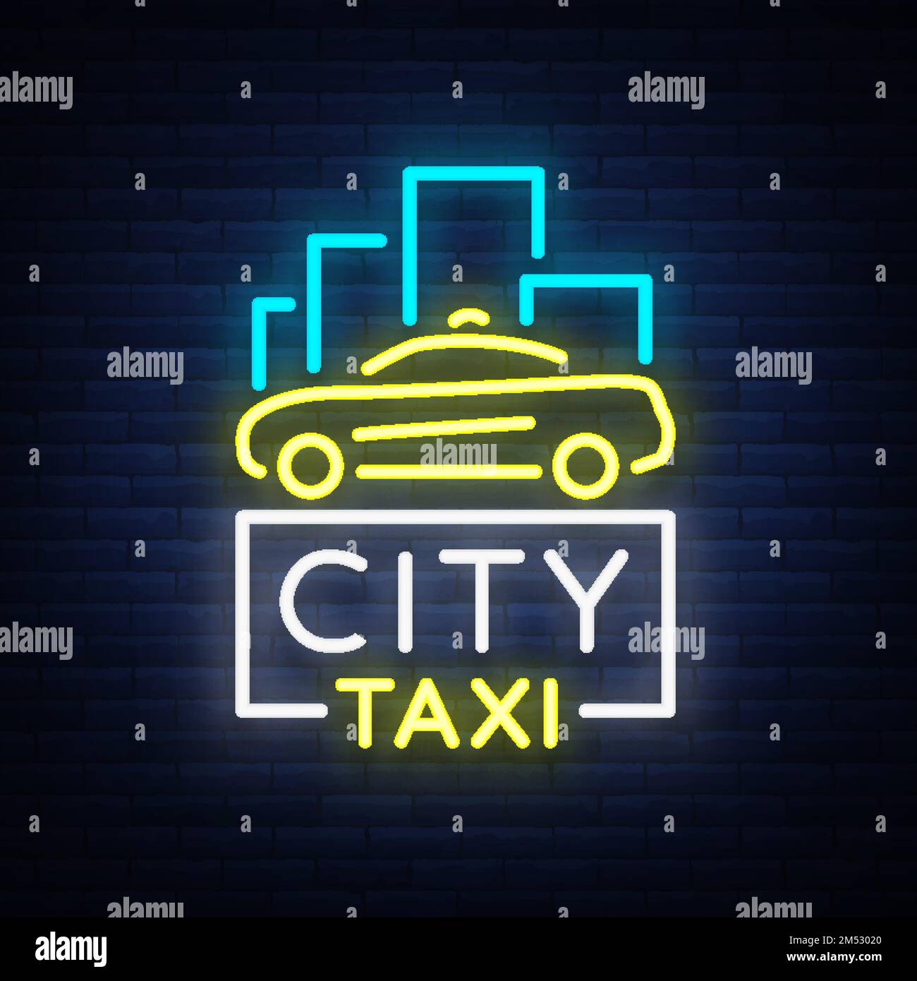 City taxi neon logos concept template. Luminous signboard on the theme of transportation of ...