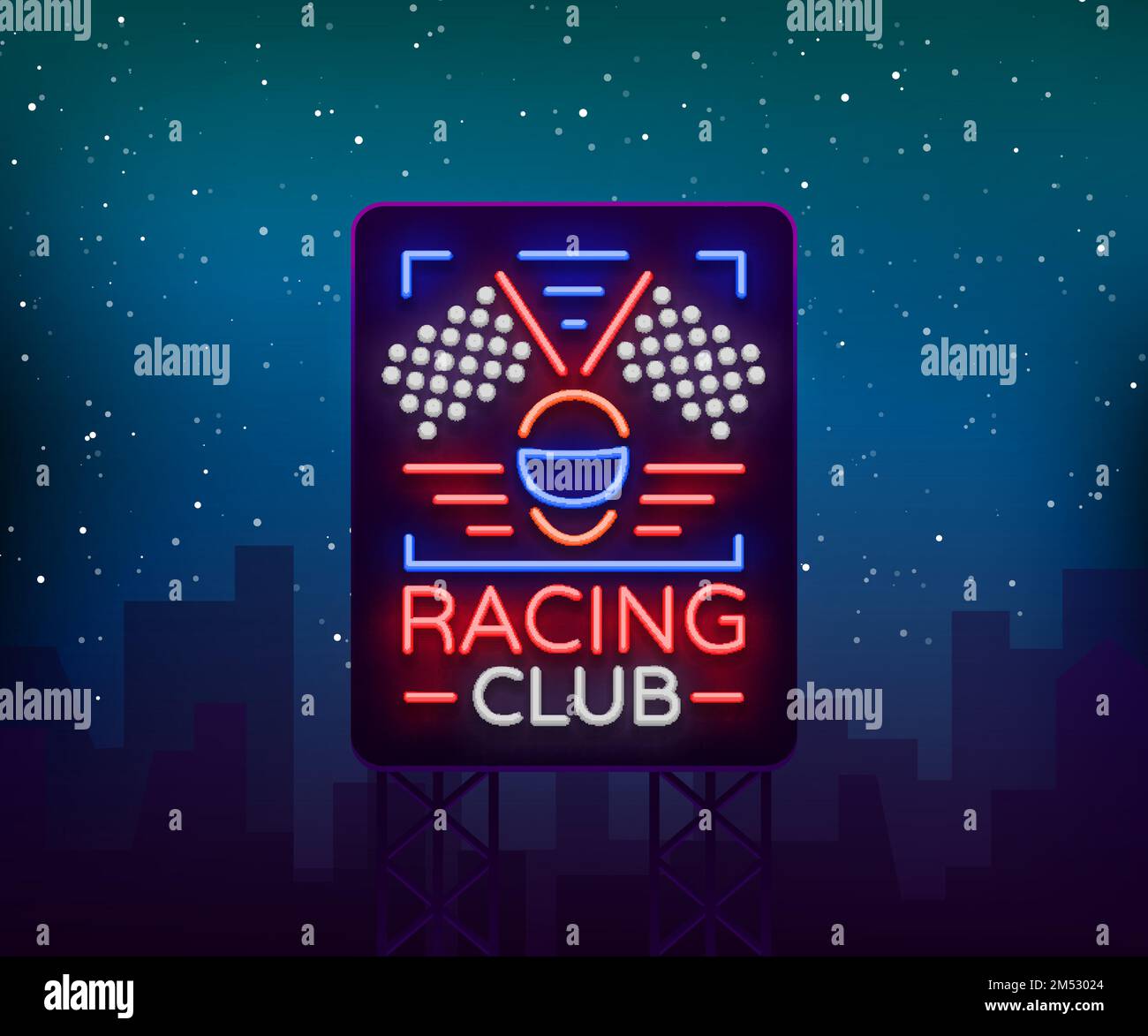 Racing Sports billboard neon logo emblem pattern. A glowing sign on the ...