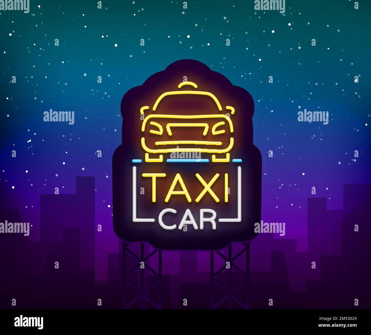 Taxi car design neon glowing logos concept template. Luminous signboard ...
