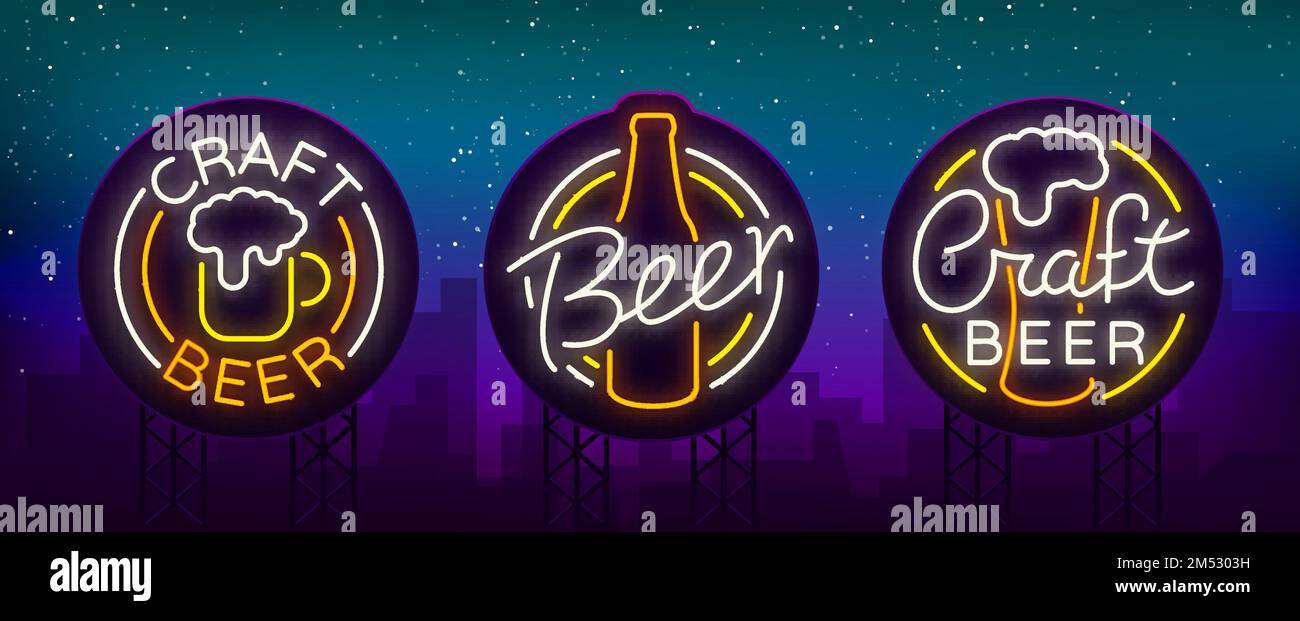 Set of beer logo, neon signs, logos of emblem in neon style, vector ...