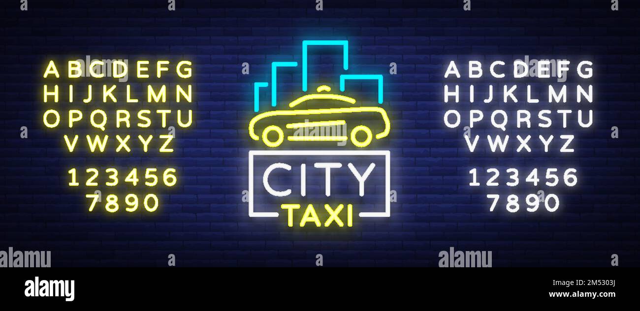 City taxi neon logos concept template. Luminous signboard on the theme ...