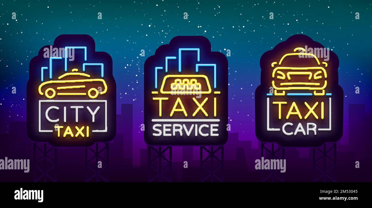 Taxi car design neon glowing logos set concept template. Luminous ...