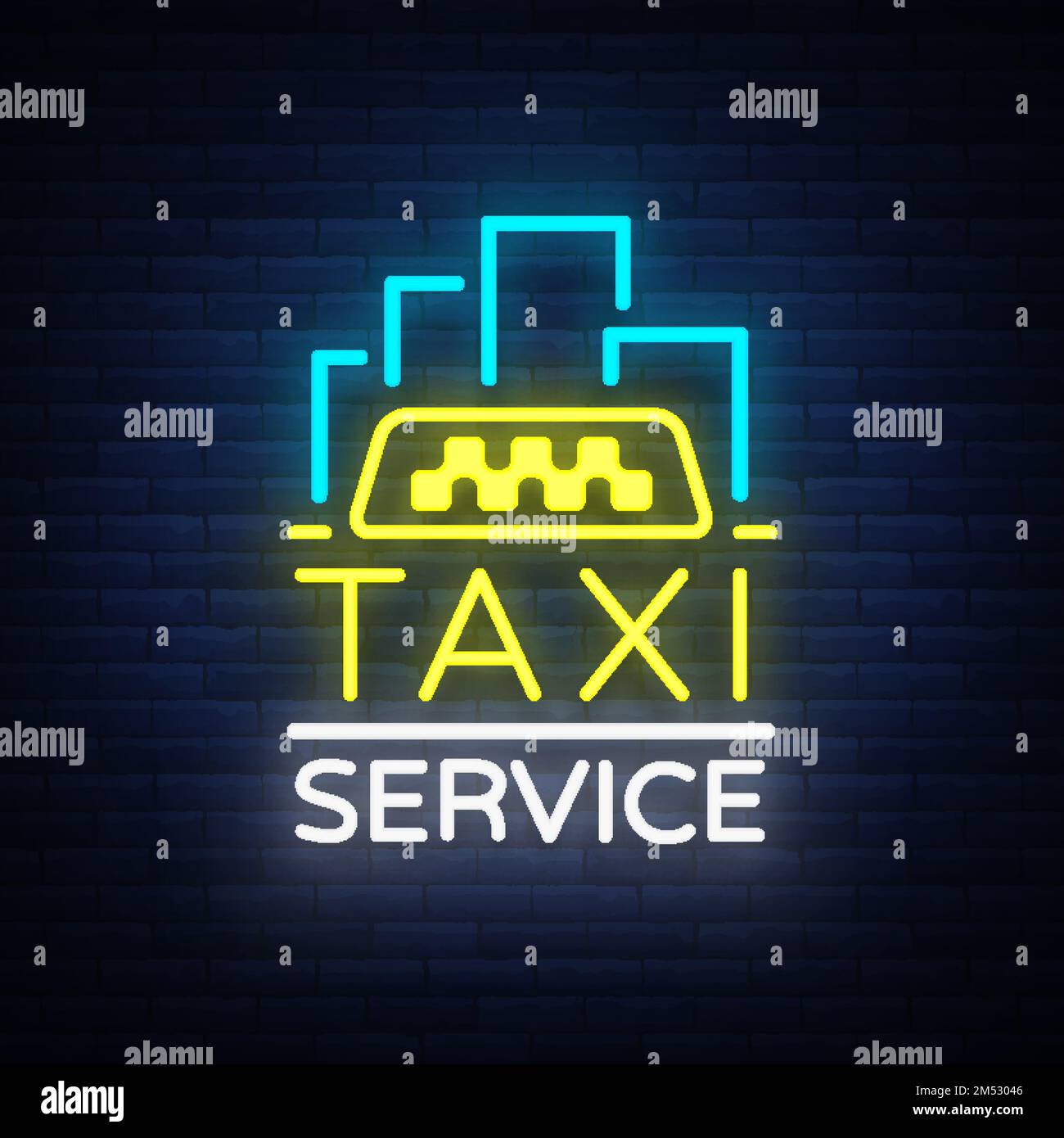 Vector Neon Taxi logo isolated on a brick background. Silhouette badge ...