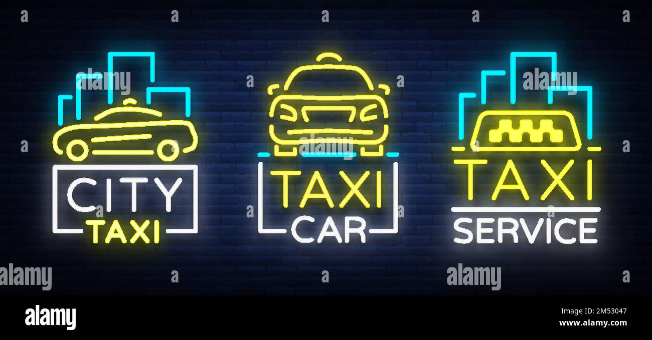 Taxi car design neon glowing logos set concept template. Luminous ...