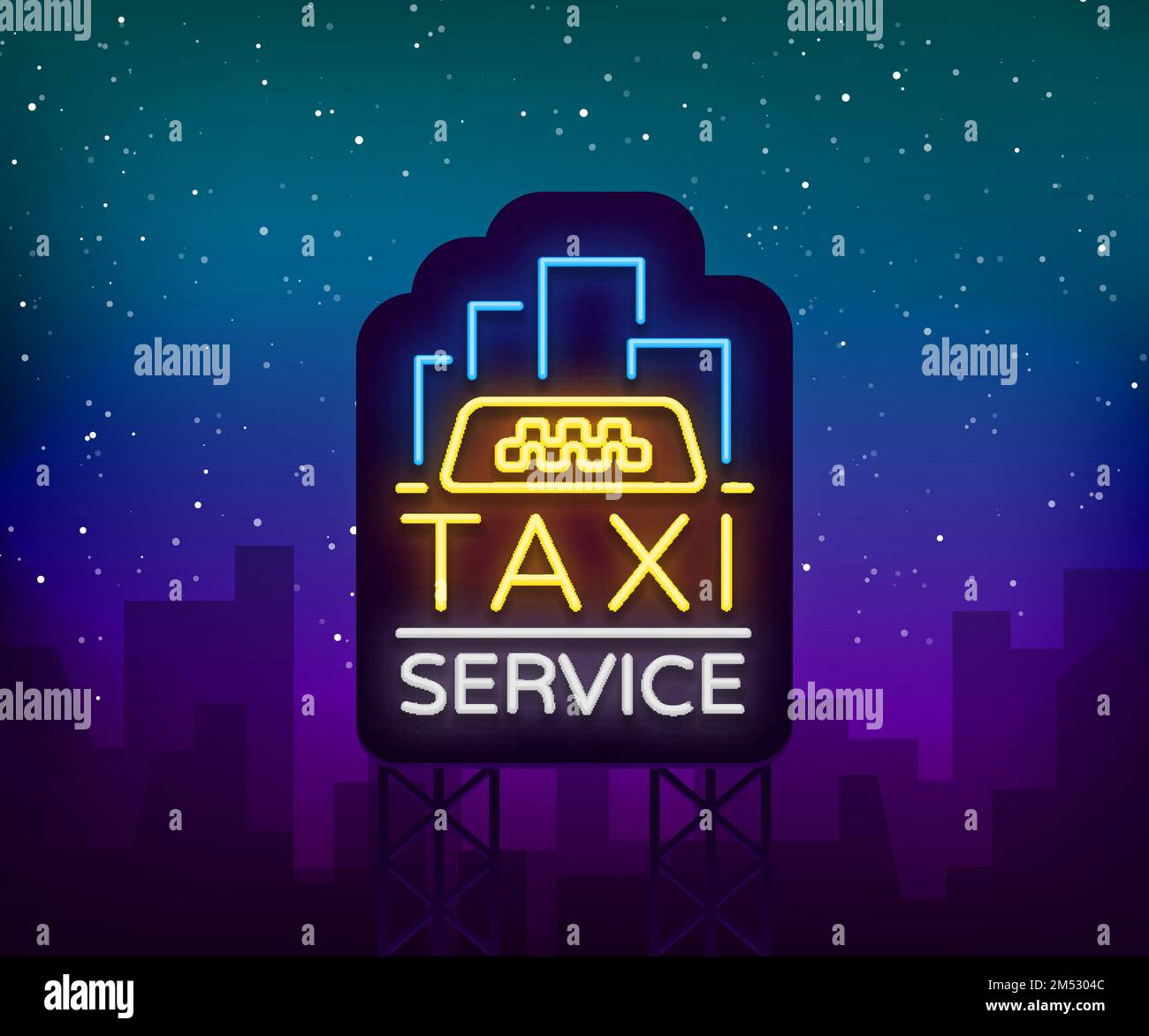 Neon Taxi logo isolated on a brick background. Silhouette badge glowing ...