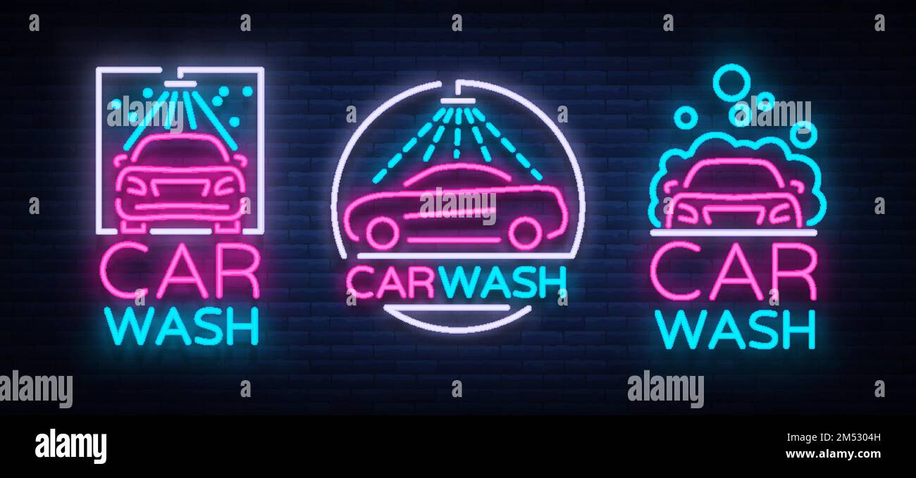 Car wash logo set vector design in neon style vector illustration ...