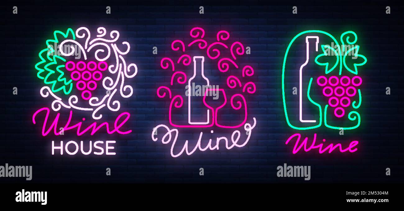 Wine logos set in trendy neon style. Logo, neon signs glowing banner ...