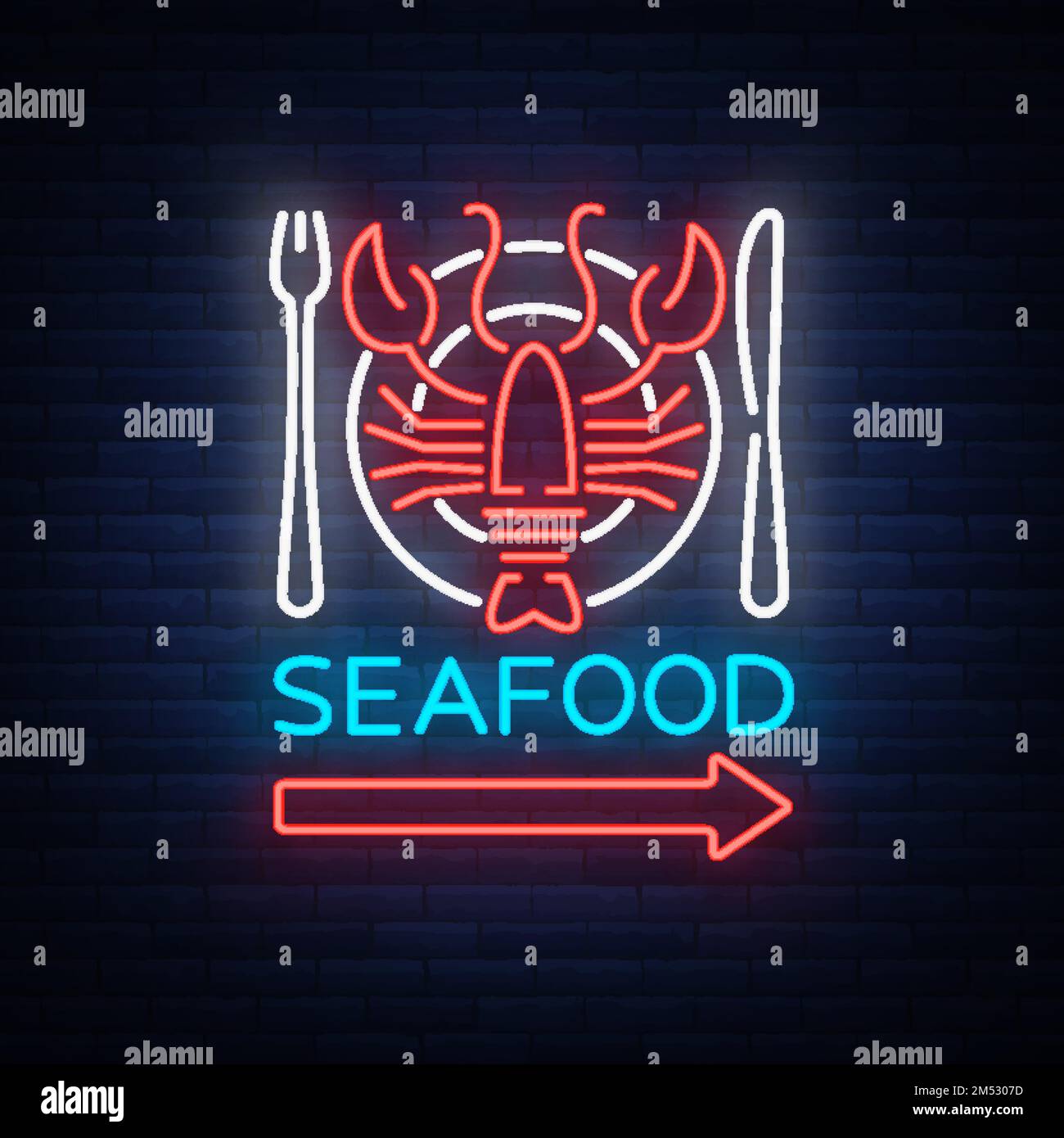 Seafood neon logo icon vector illustration. Lobster emblem, neon ...