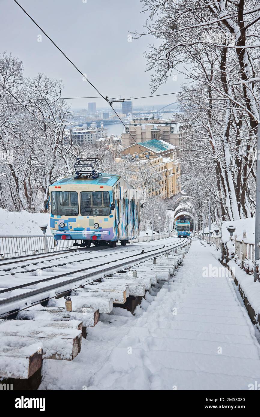 Kyiv funicular railway. Cablecar on the hill. Kyiv, Ukraine in winter ...