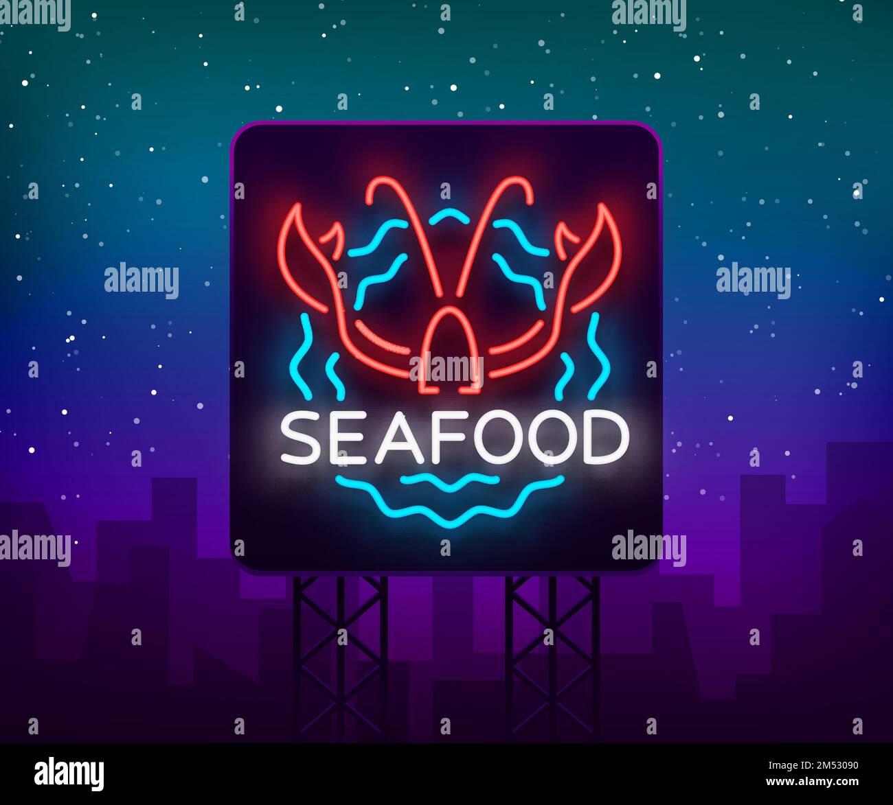 Seafood neon logo icon vector illustration. Lobster emblem, neon ...