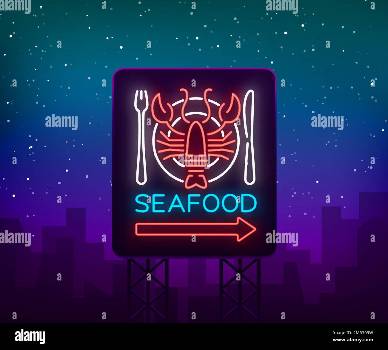 Seafood neon logo icon vector illustration. Lobster emblem, neon ...