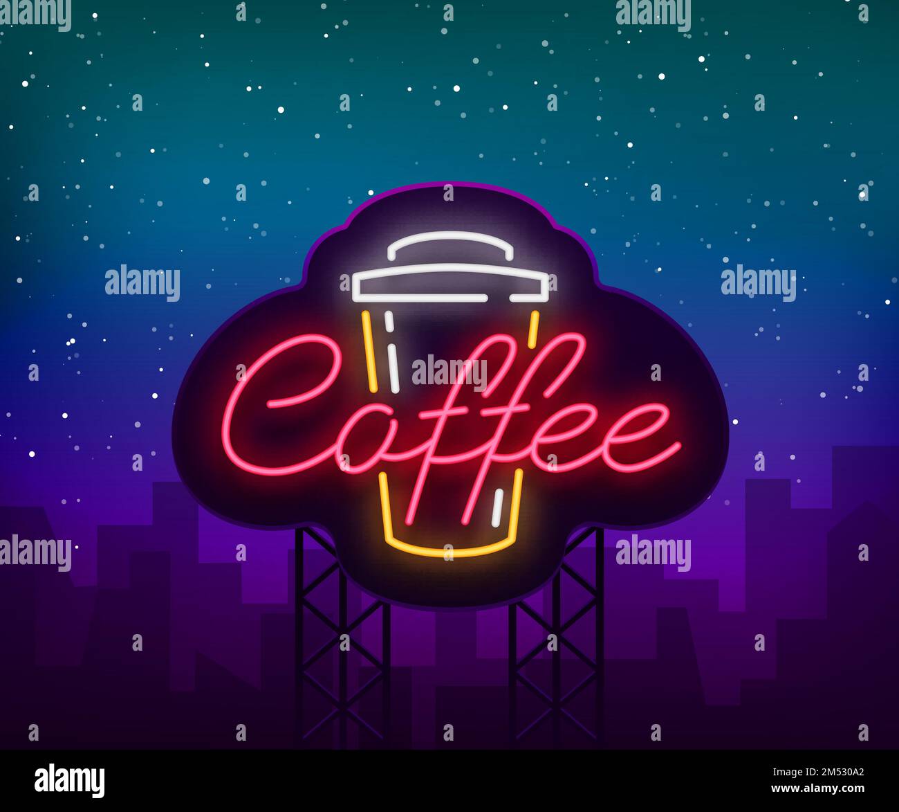 Coffee neon sign logo vector illustration, emblem in neon style, bright ...