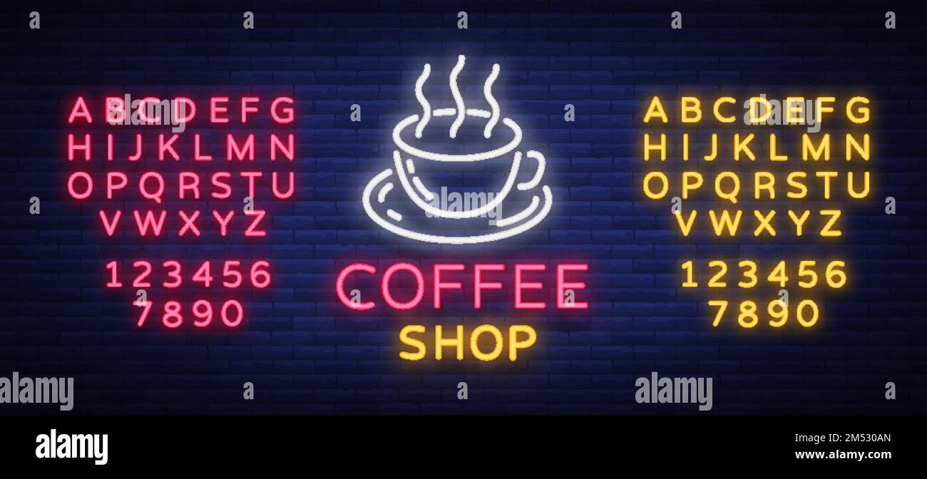 Coffee neon sign logo vector illustration, emblem in neon style, bright ...