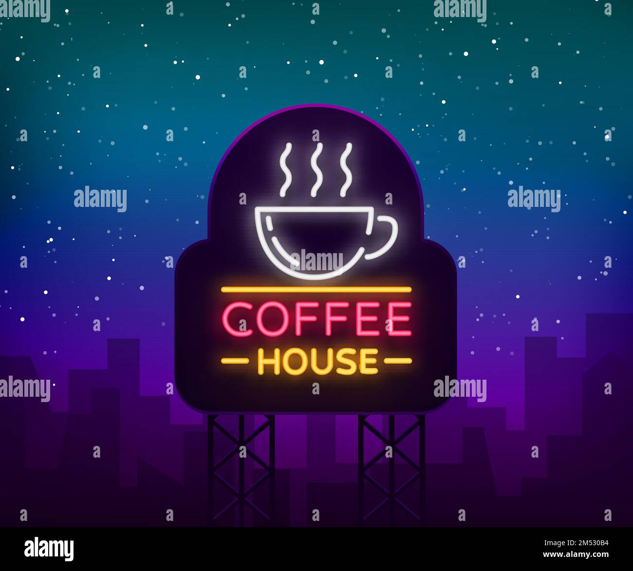 Coffee neon signboard, logo, glowing emblem, vector illustration for ...