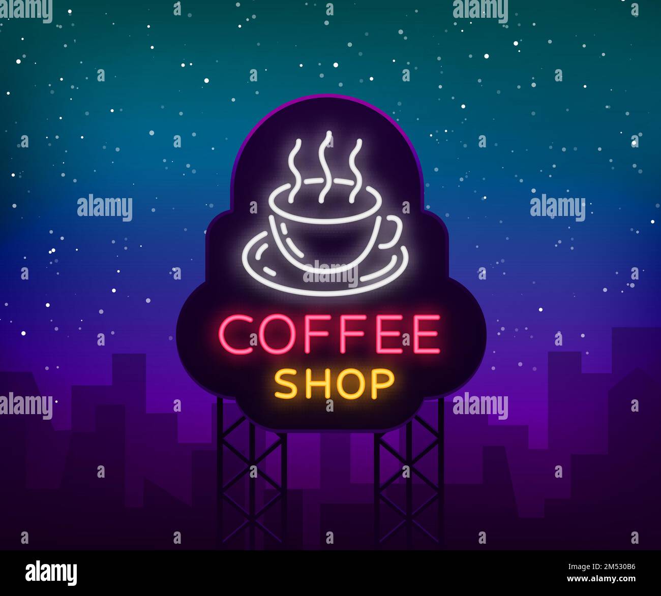 Coffee neon sign logo vector illustration, emblem in neon style, bright ...