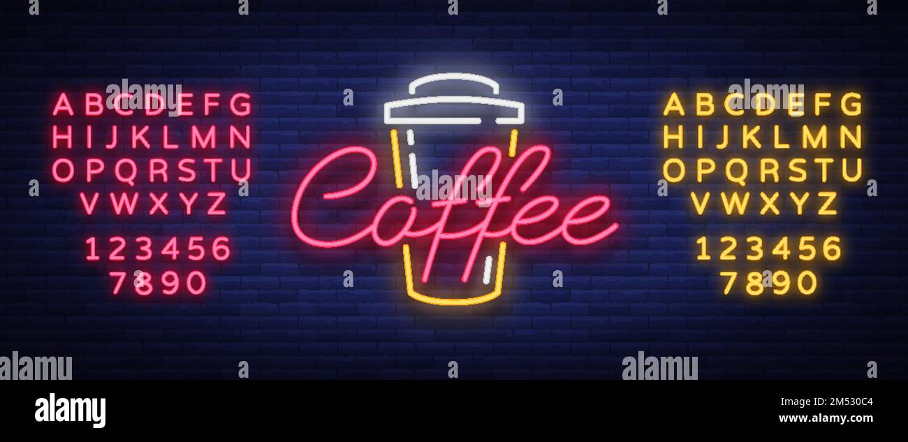 Coffee neon sign logo vector illustration, emblem in neon style, bright ...