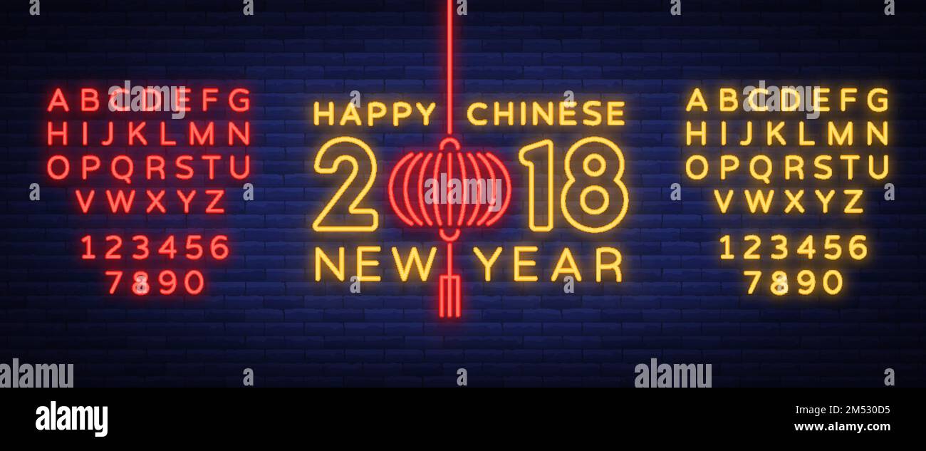 Happy Chinese New Year 2018. Sign in neon style, night flyer ...
