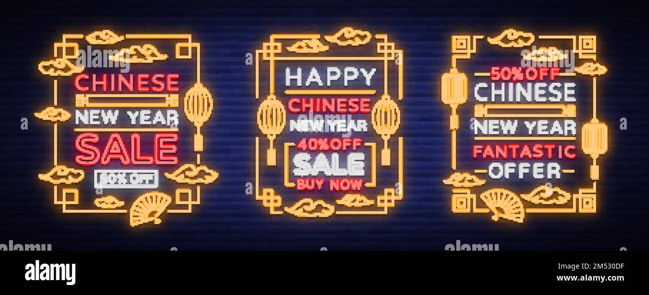 Chinese New Year sales in collection of posters neon style. Vector ...