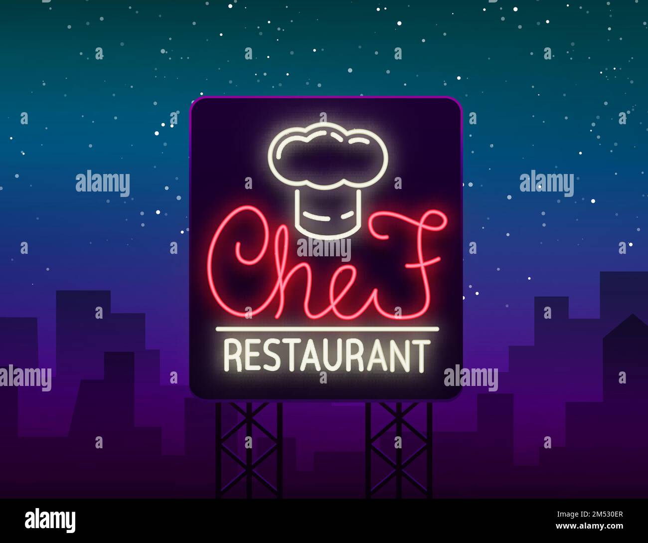 Chef restaurant logo, sign, emblem in neon style. Glowing signboard ...