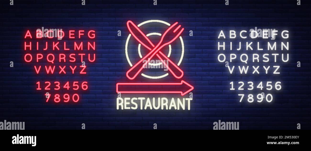 Restaurant logo, sign, emblem in neon style. A glowing signboard ...