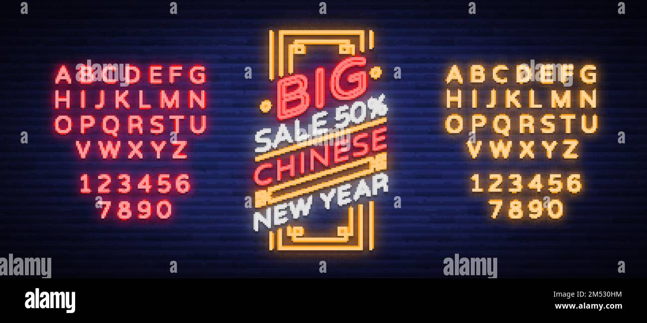 New Chinese year sales of poster in a neon style. Vector illustration ...