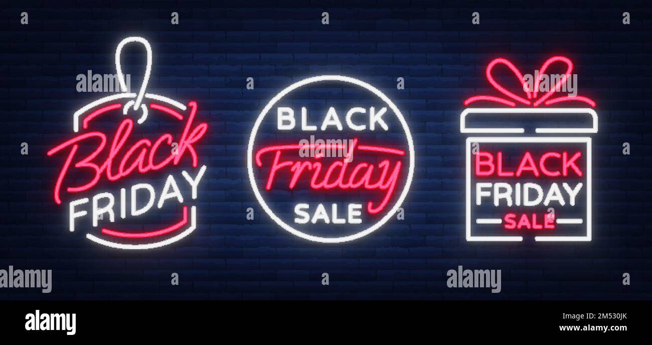 Black Friday set collection neon advertising, discounts, sales, neon ...