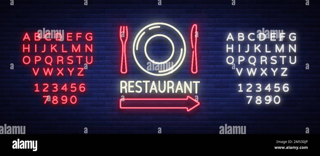 Restaurant logo, sign, emblem in neon style. A glowing signboard ...