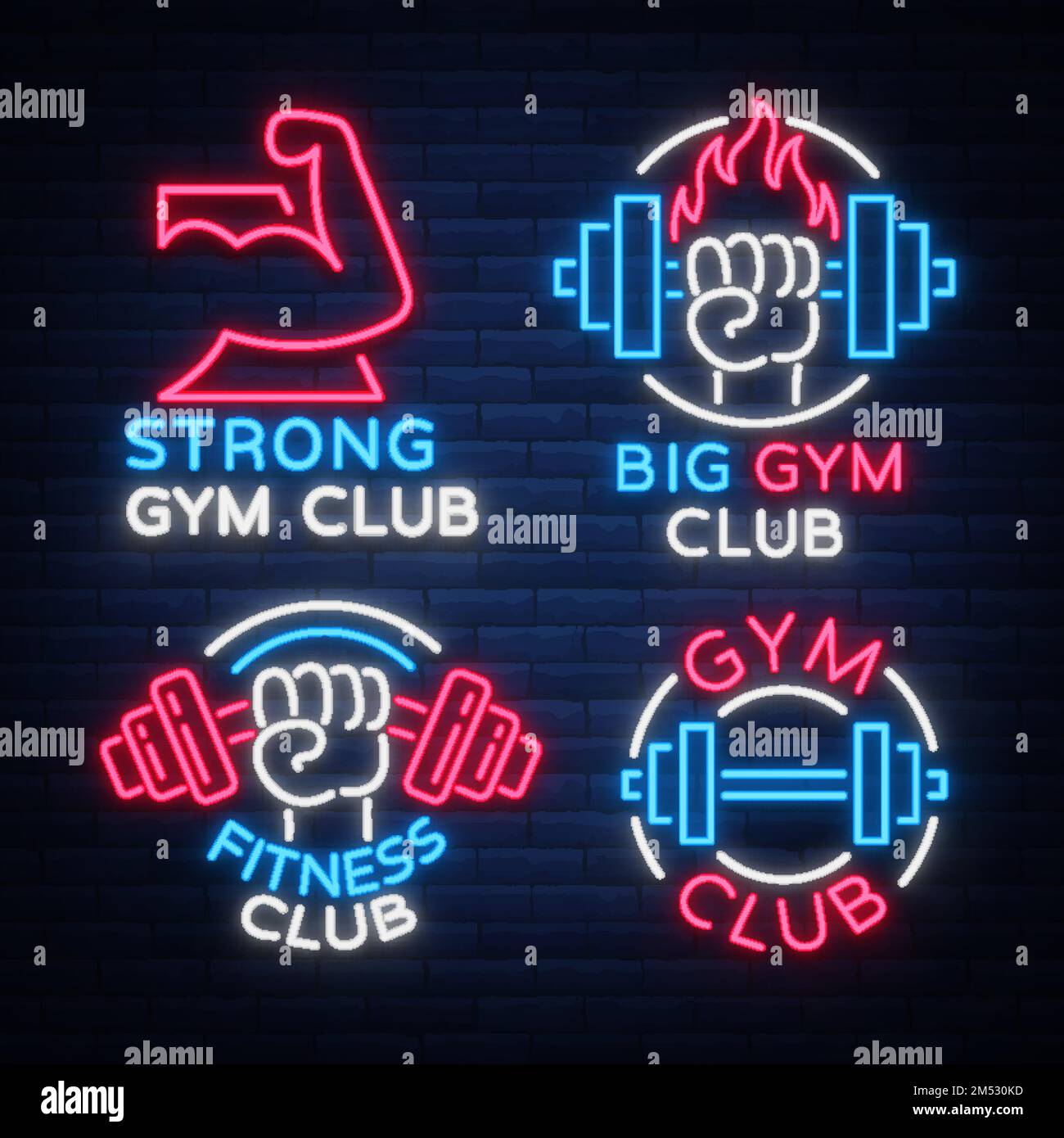 Set of logo signs on fitness theme, bodybuilding in neon style isolated ...