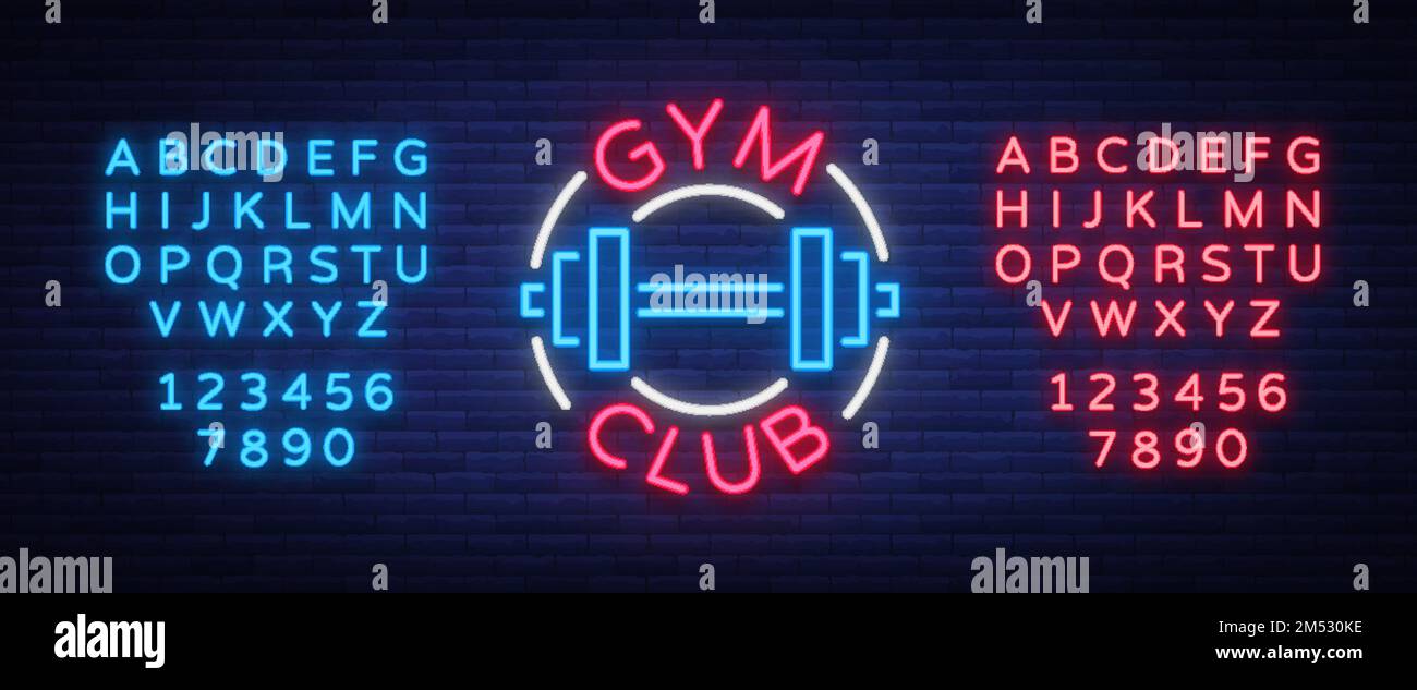 Logotype gym sign in neon style isolated vector illustration. A glowing ...