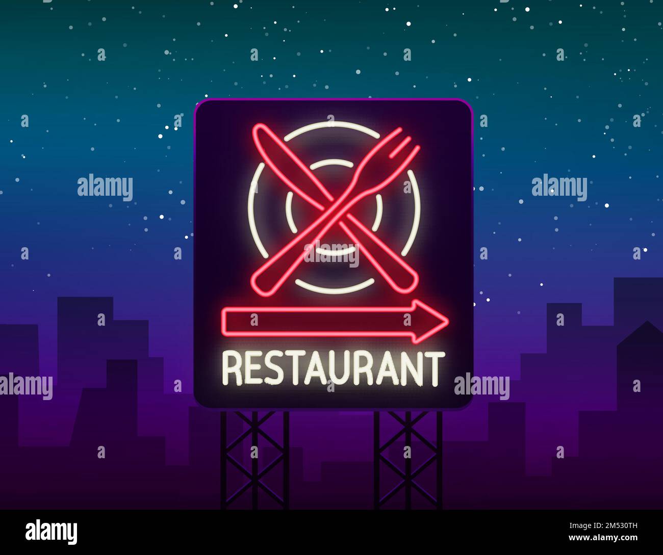 Restaurant logo, sign, emblem in neon style. Glowing signboard, nightly ...