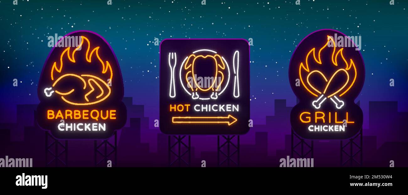 Set logo, signs, banners chicken in neon style for a grocery store and ...