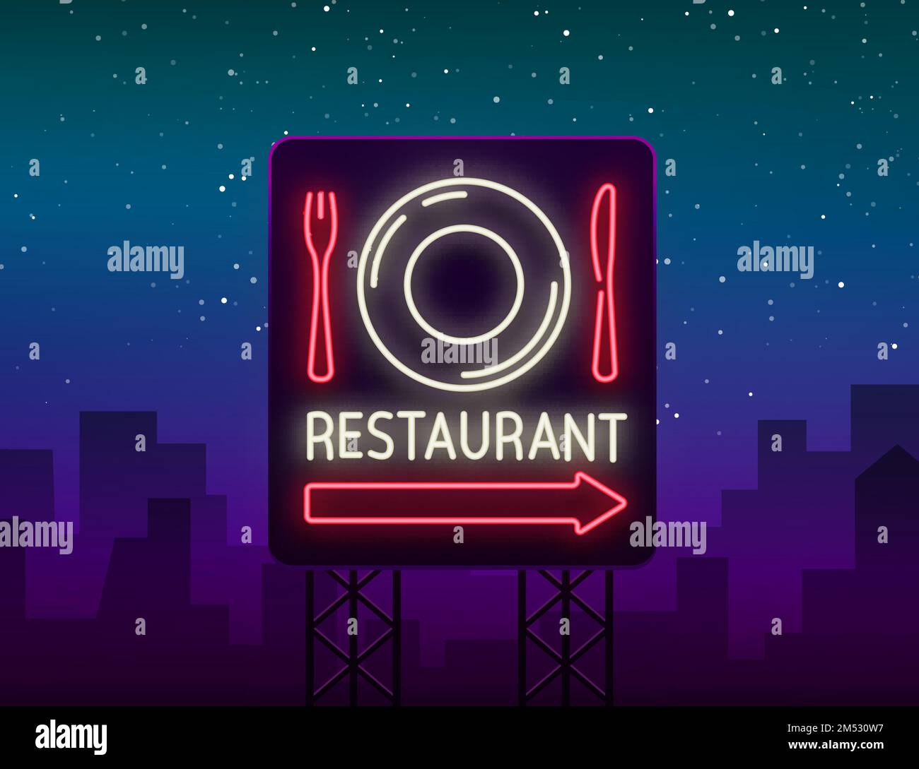 Restaurant logo, sign, emblem in neon style. Glowing signboard, nightly ...