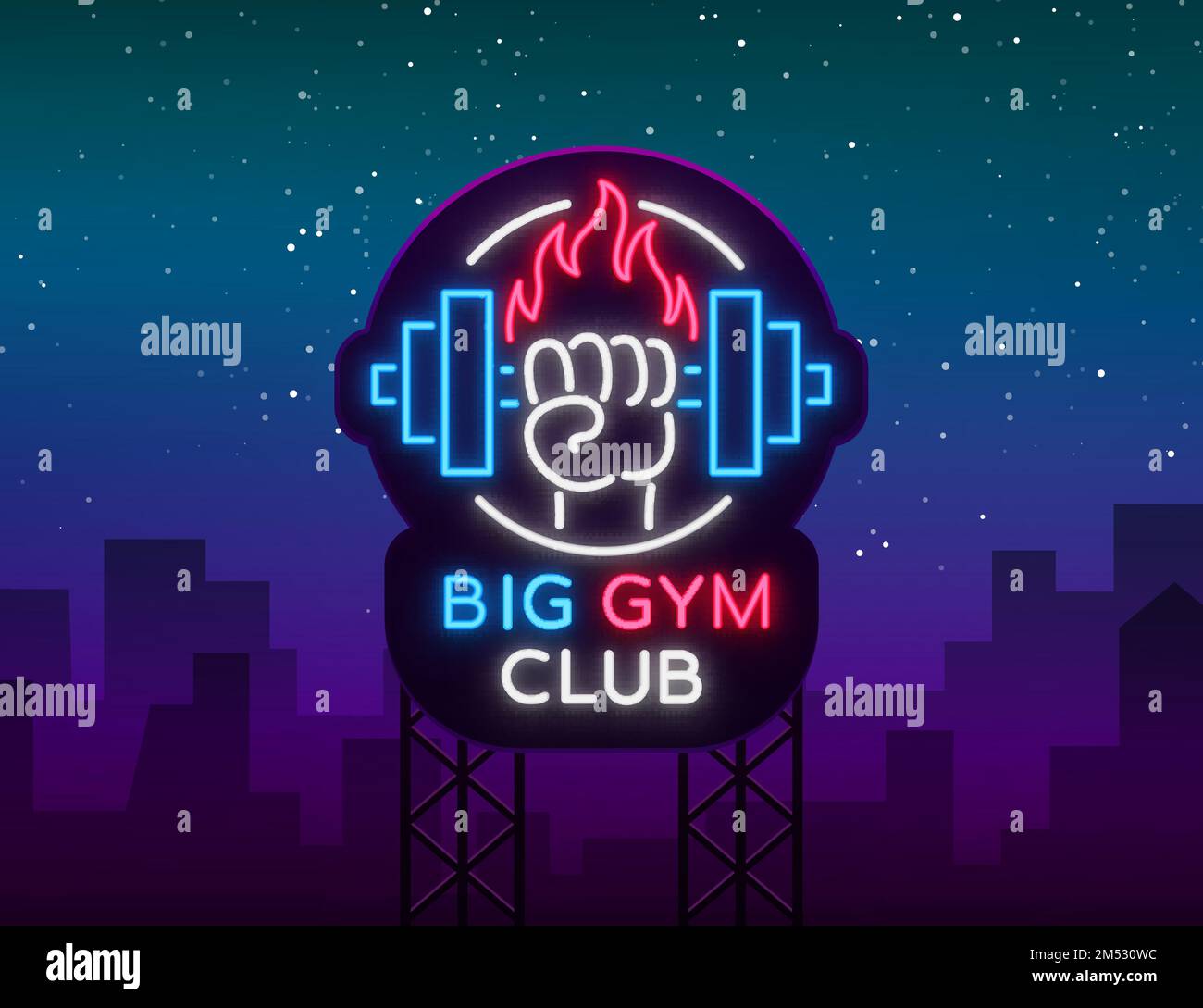 Fitness, gym logo sign in neon style isolated, vector illustration. A ...
