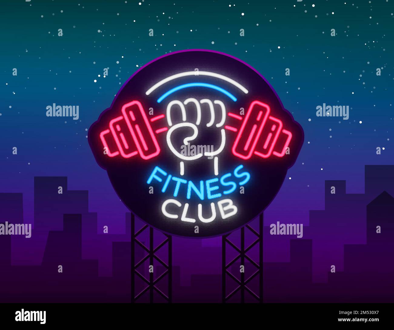 Fitness, gym logo sign in neon style isolated, vector illustration. A ...