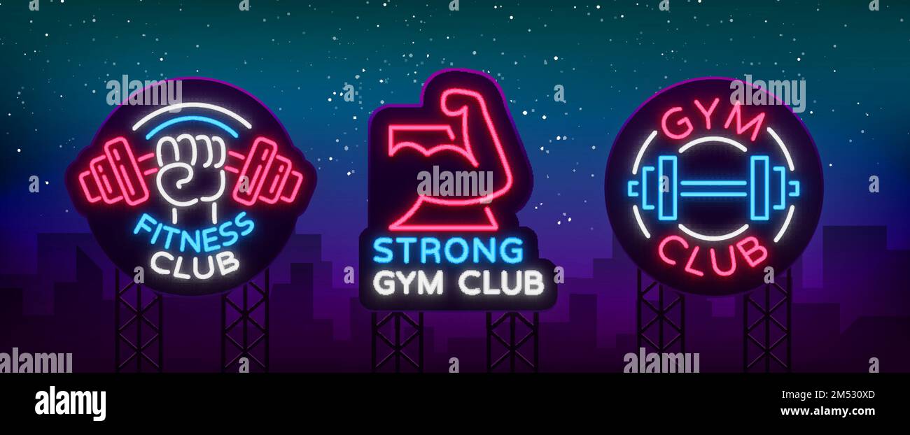 Set logo signs on fitness theme, bodybuilding in neon style isolated ...