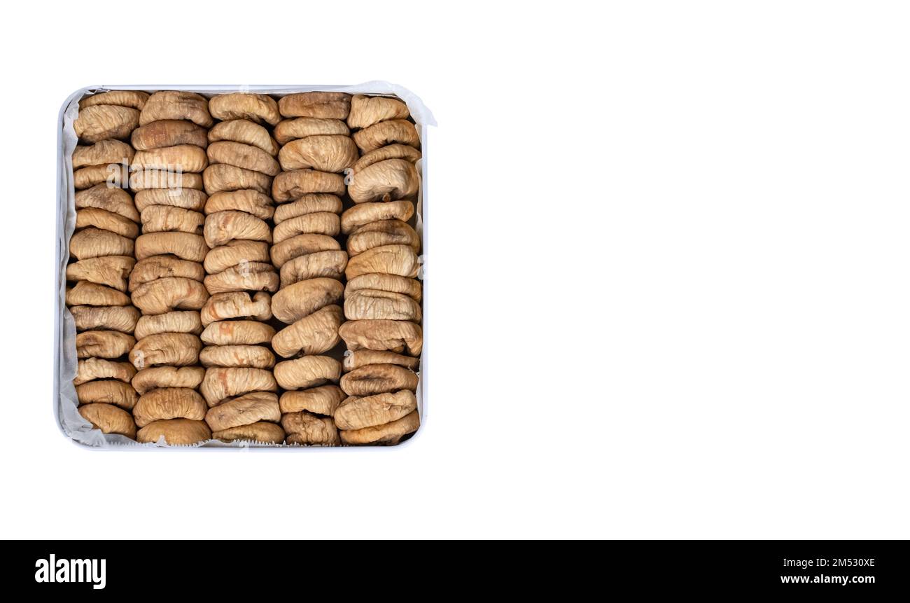 Top view dried figs isolated on white background. Fig inside a box ...
