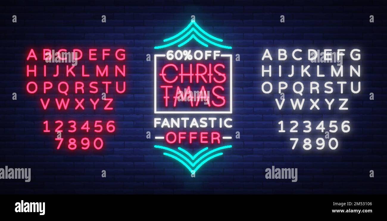 Christmas sale poster advertising banner in neon style isolated vector ...