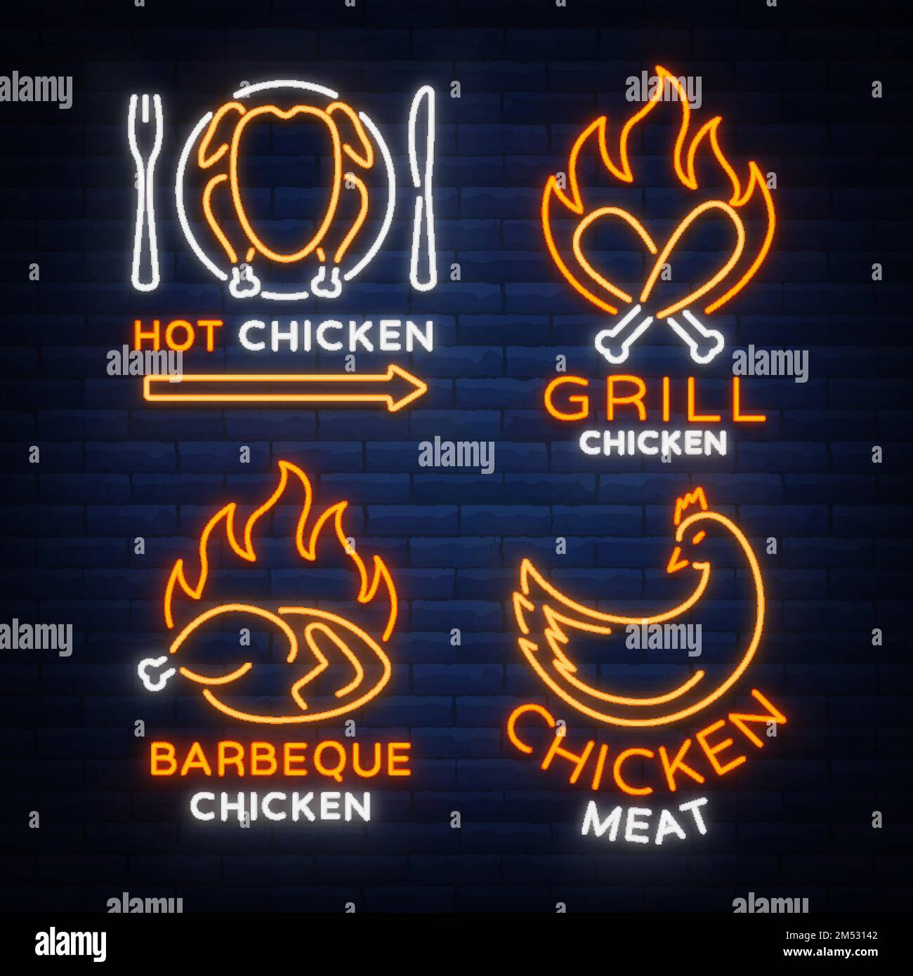 Set logo, signs, banners chicken in neon style for a grocery store and ...
