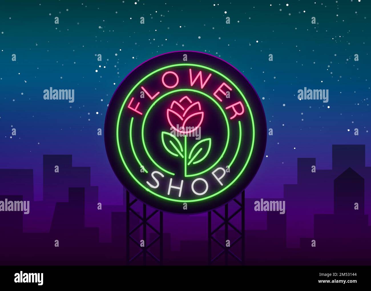 Flower shop logo, neon sign. Vector illustration on the theme of ...