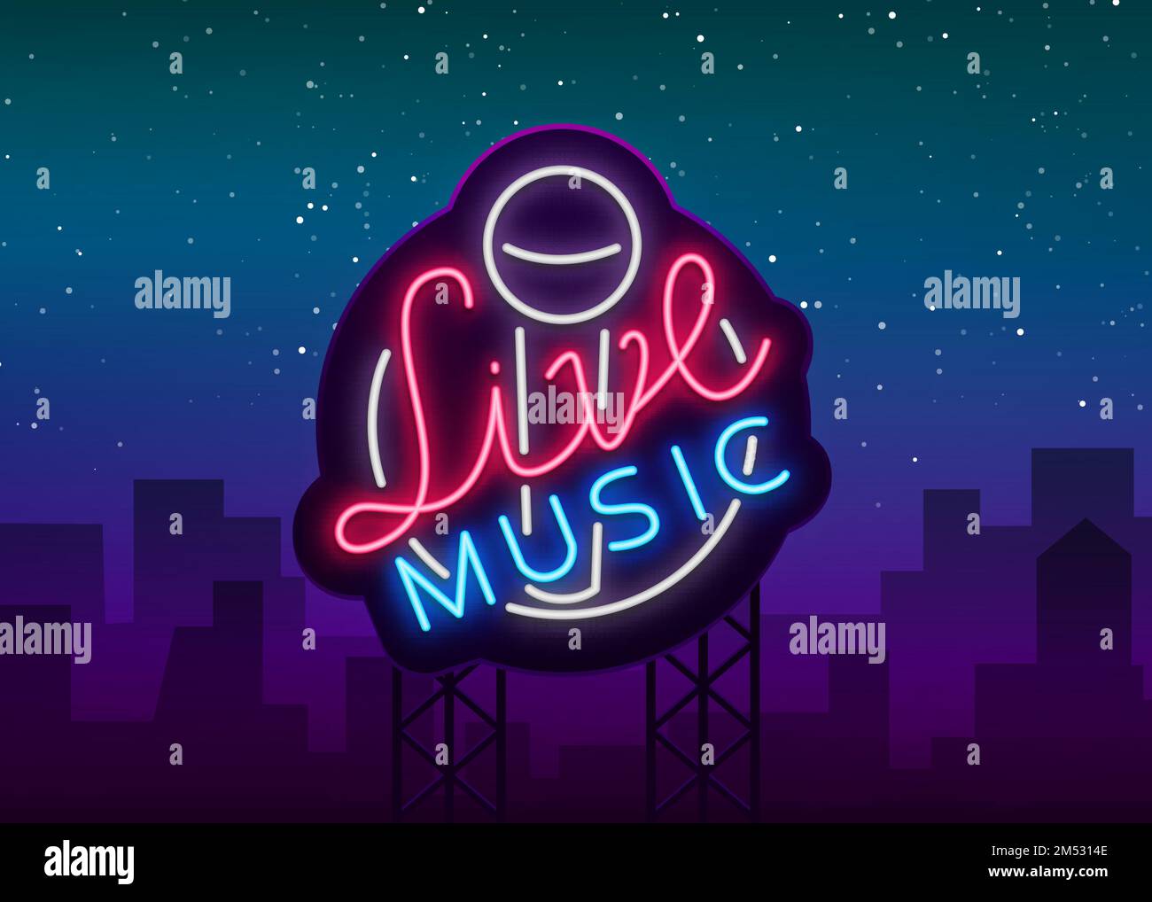Live musical neon sign, logo, emblem, symbol poster with microphone ...