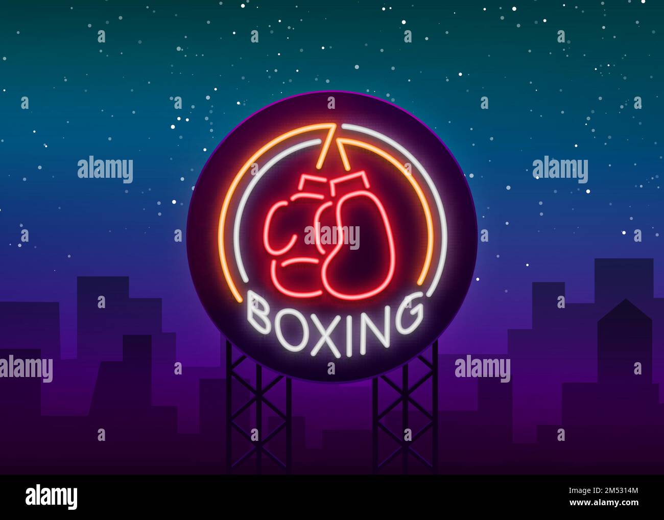 Boxing logo, neon sign emblem is isolated. Vector illustration on sport ...