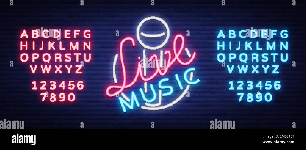 Live musical neon sign, logo, emblem, symbol poster with microphone ...